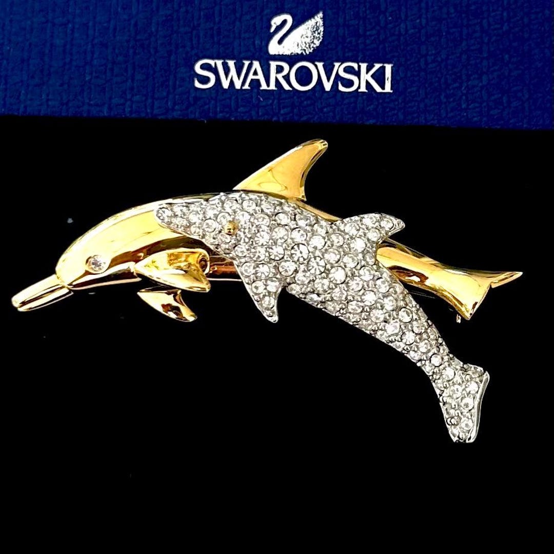 Vintage SWAROVSKI CRYSTAL PIN Brooch Gold Tone Green Enamel Clear Crystals Playful Dolphin Pair ...