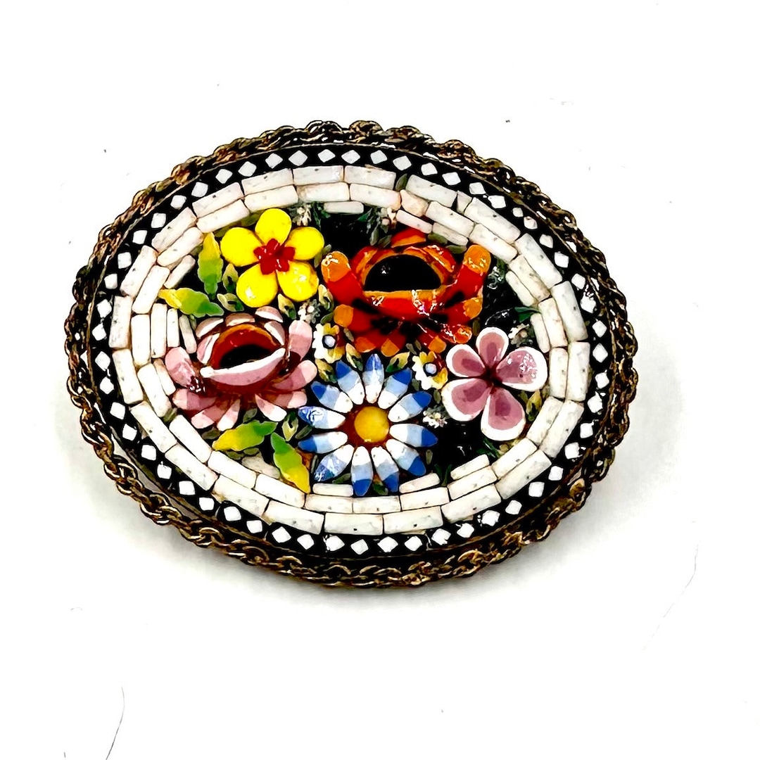 Antique MICRO MOSAIC PIN Brooch Floral Mosaic Italy Travel Souvenir ...