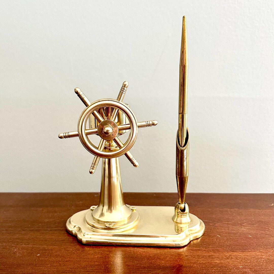 Vintage NAUTICAL PEN HOLDER & Pen Compass Brass Ships Wheel Captains ...