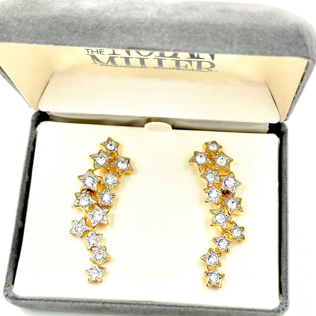 Vintage NOLAN MILLER EARRINGS Gold Crystal Rhinestone Shining Stars ...