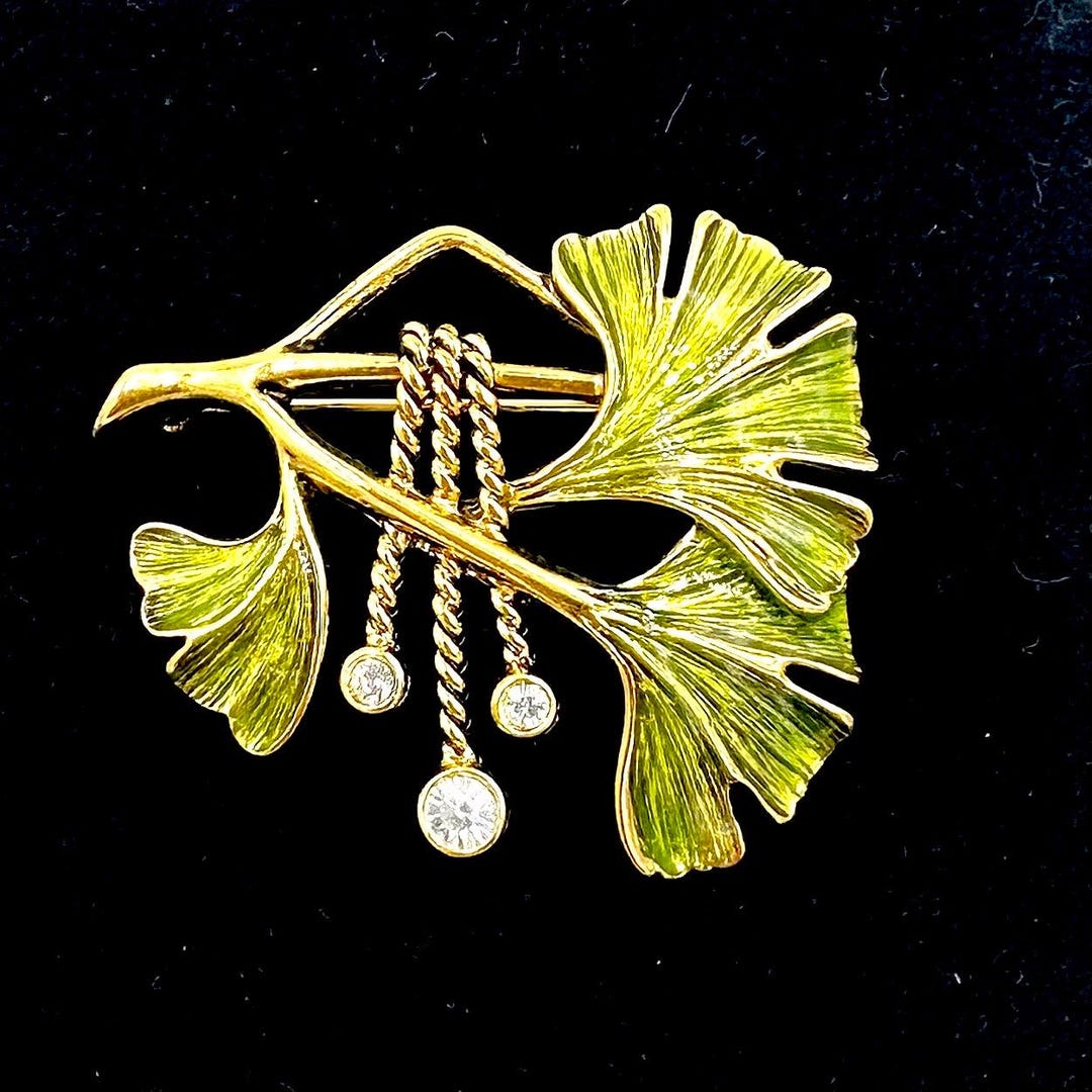 Vintage JOAN RIVERS PIN Gold Tone Green Enamel Ginkgo Leaf Clear ...