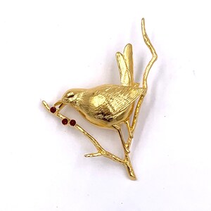 Vintage JOAN RIVERS PIN Gold Tone Bird on Branch Red Berry Rhinestones ...