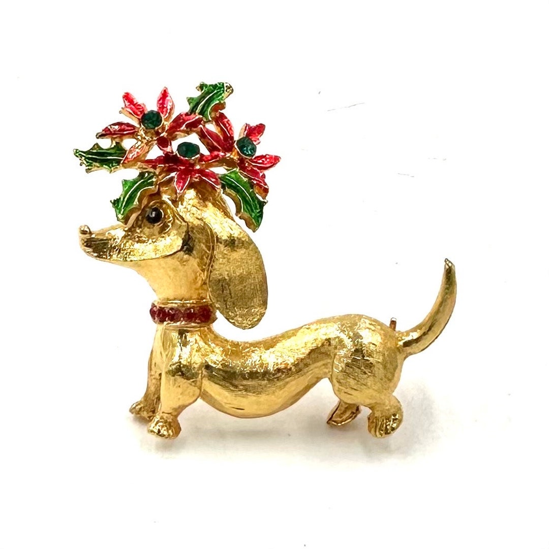 Vintage MYLU DACHSHUND Dog Pin Brooch Gold Enamel Rhinestones Christmas ...