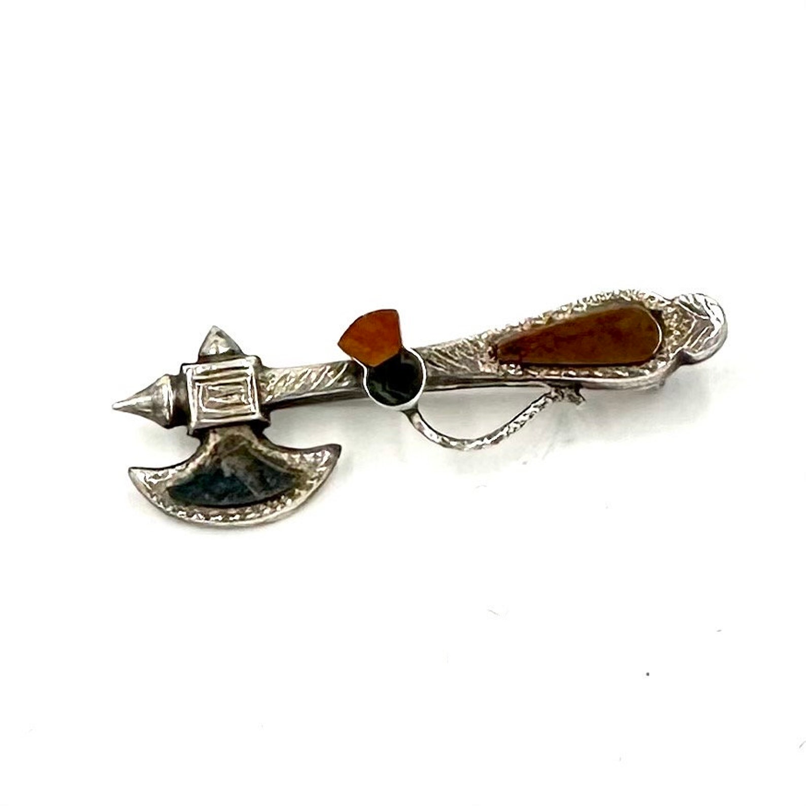 Antique SCOTTISH AGATE PIN Sterling Silver Ax Hatchet Connemara Marble ...