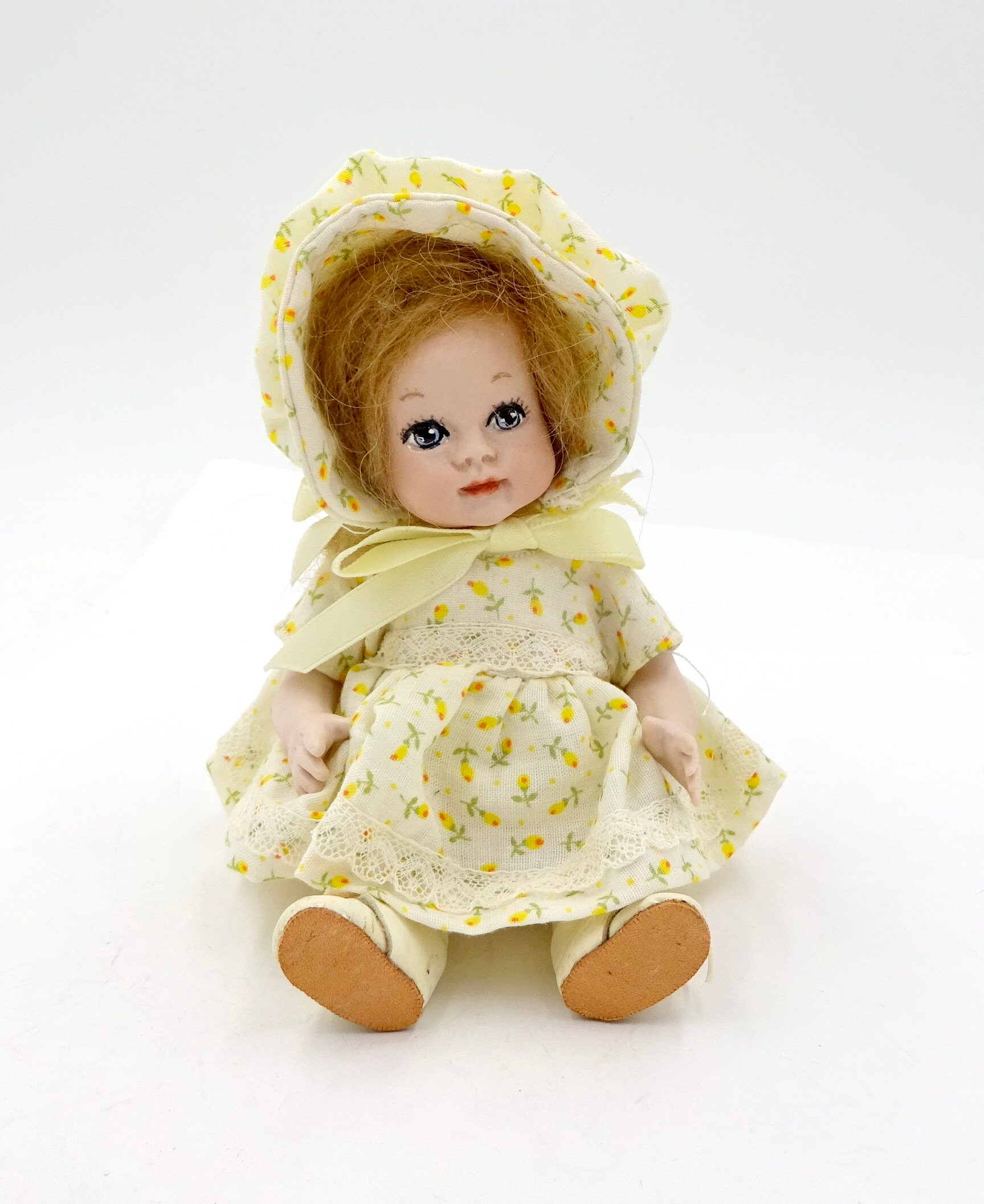 Vintage Phyllis Wright SMALL BABY DOLL shelly Yellow Floral Dress Bisque Porcelain House of ...