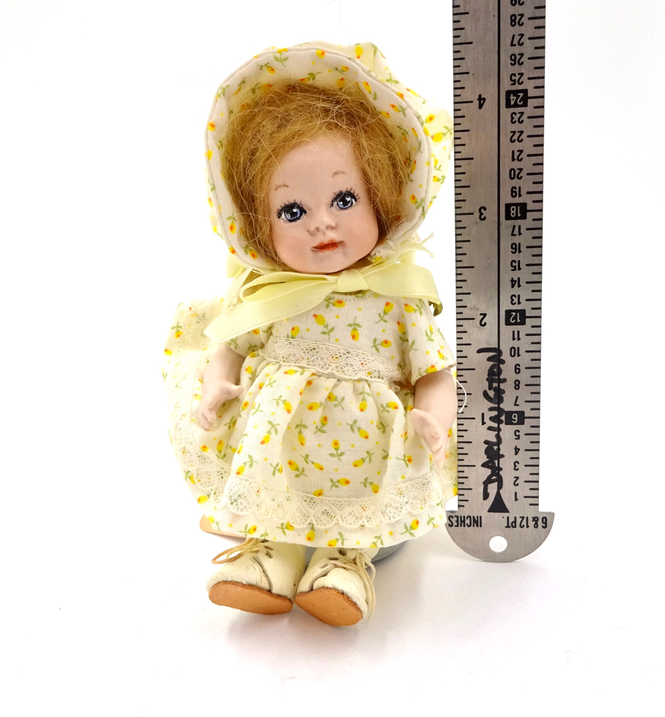 Vintage Phyllis Wright SMALL BABY DOLL shelly Yellow Floral Dress Bisque Porcelain House of ...