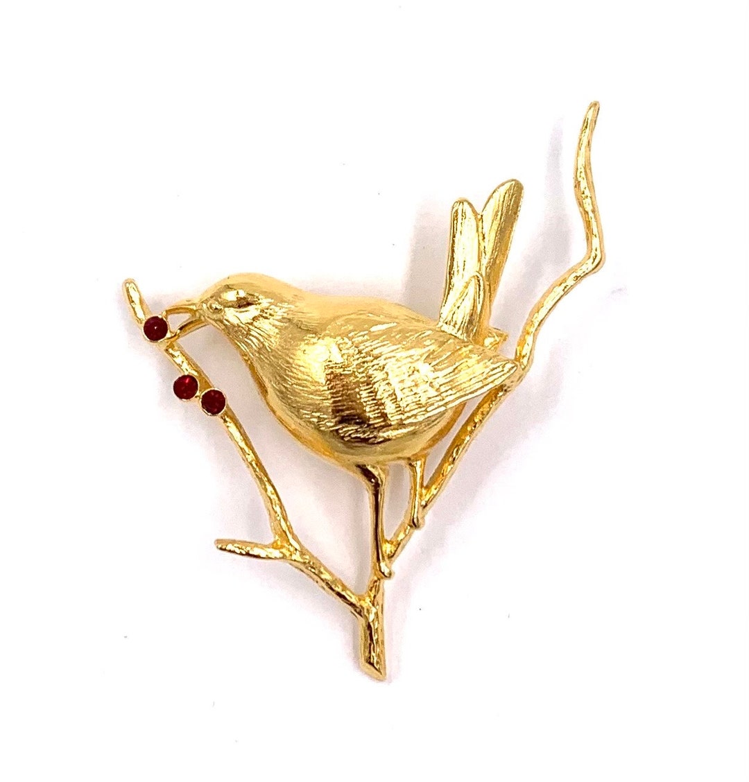 Vintage JOAN RIVERS PIN Gold Tone Bird on Branch Red Berry Rhinestones ...