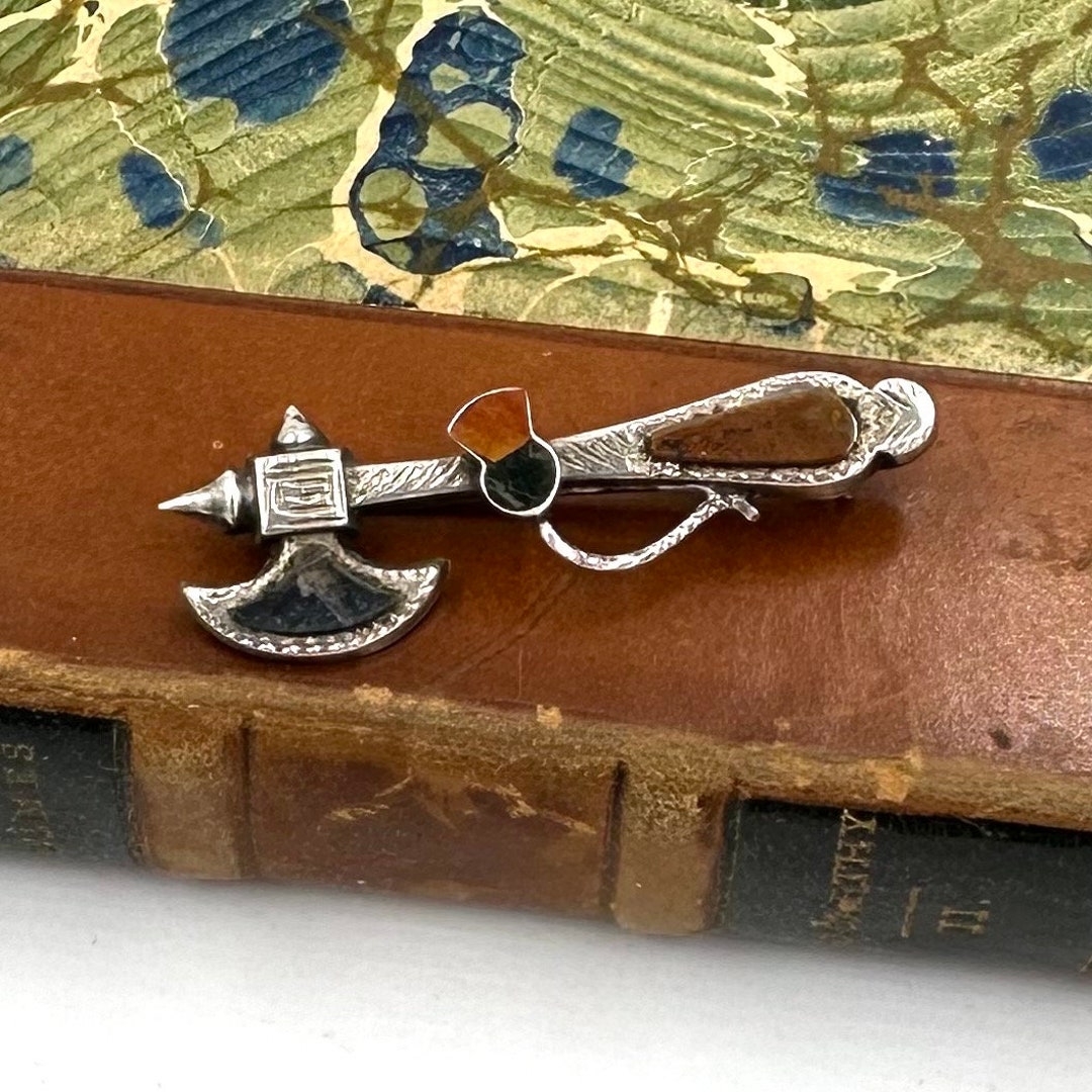 Antique SCOTTISH AGATE PIN Sterling Silver Ax Hatchet Connemara Marble ...
