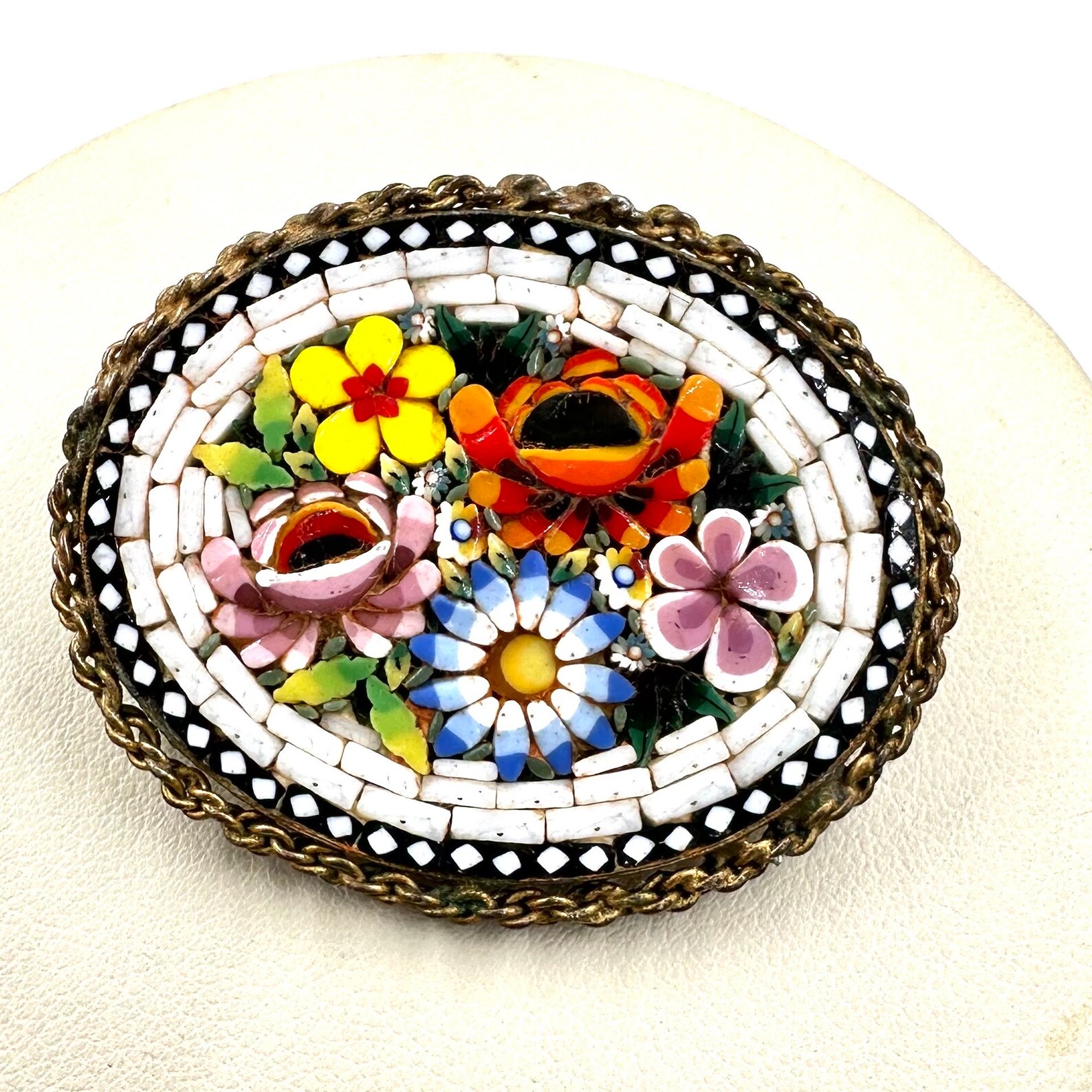 Antique MICRO MOSAIC PIN Brooch Floral Mosaic Italy Travel Souvenir ...