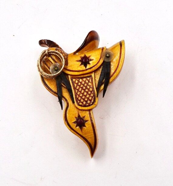 Vintage WOODEN SADDLE PIN Brooch Miniature Equestrian Hand - Etsy