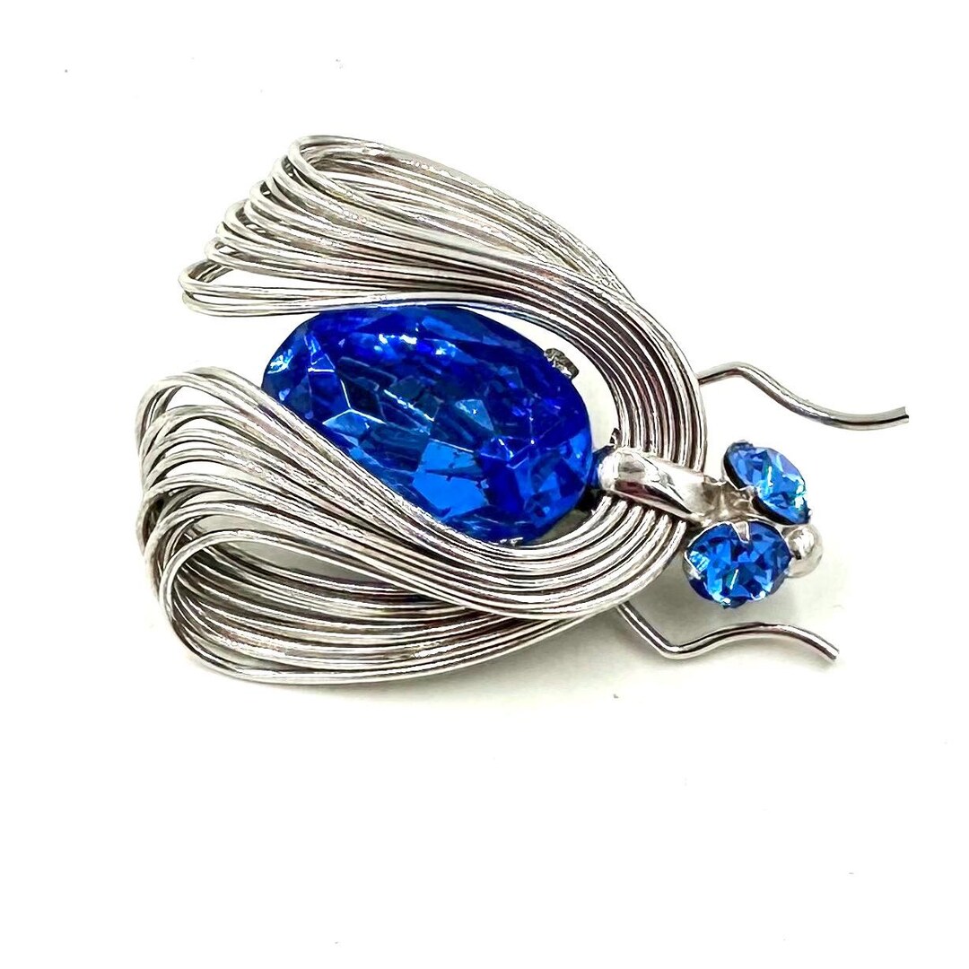NAPIER BUG FLY Pin Brooch Silver Tone Huge Blue Rhinestone Jelly Belly ...
