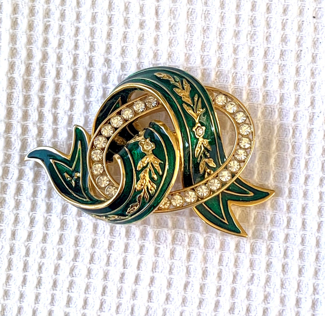 Vintage JOAN RIVERS PIN Gold Tone Royal Green Enamel Clear Rhinestone ...