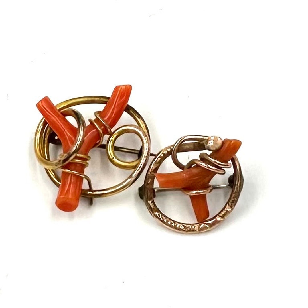 Antique VICTORIAN CORAL PINS Brooch Gold Filled Red Branch Coral Love ...