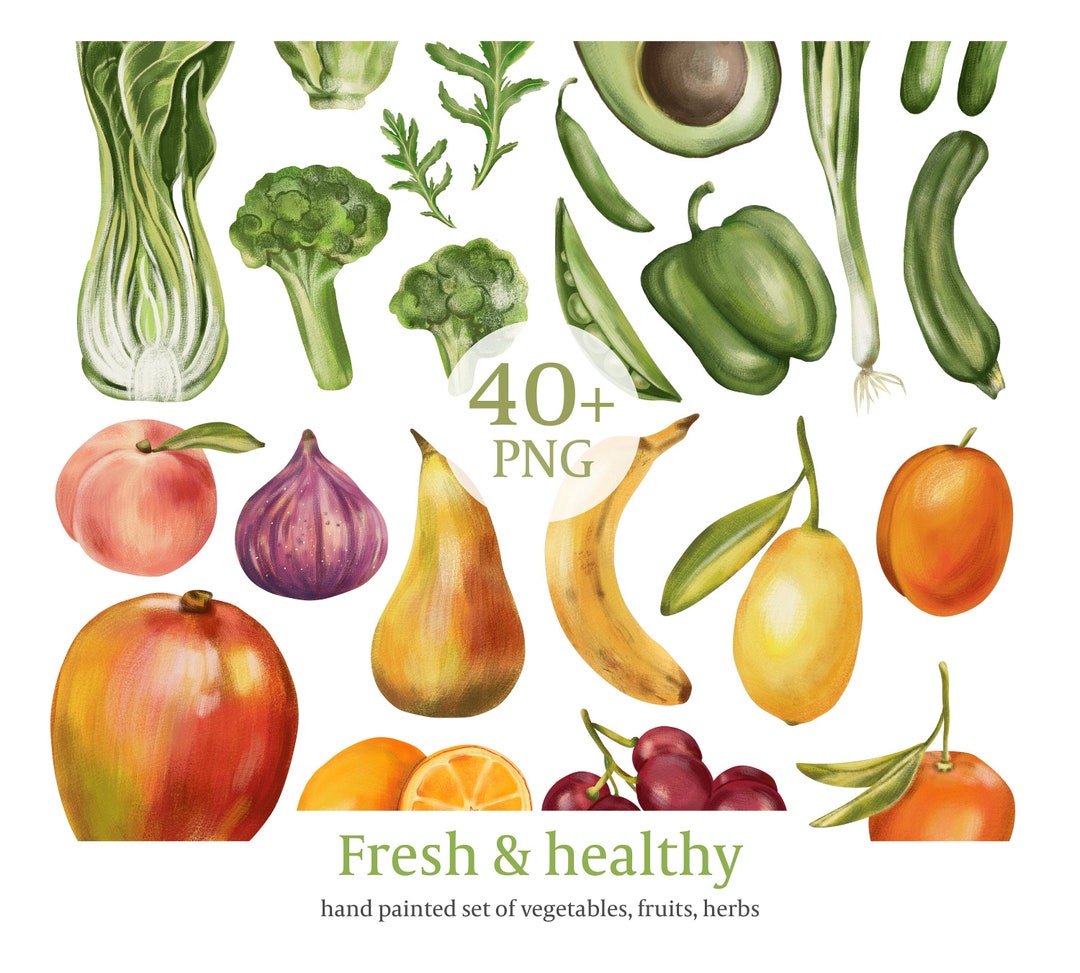 Fresh and Healthy Watercolor Clipart, Set of Hand Painted Vegetables and Fruits Seamless Pattern ...