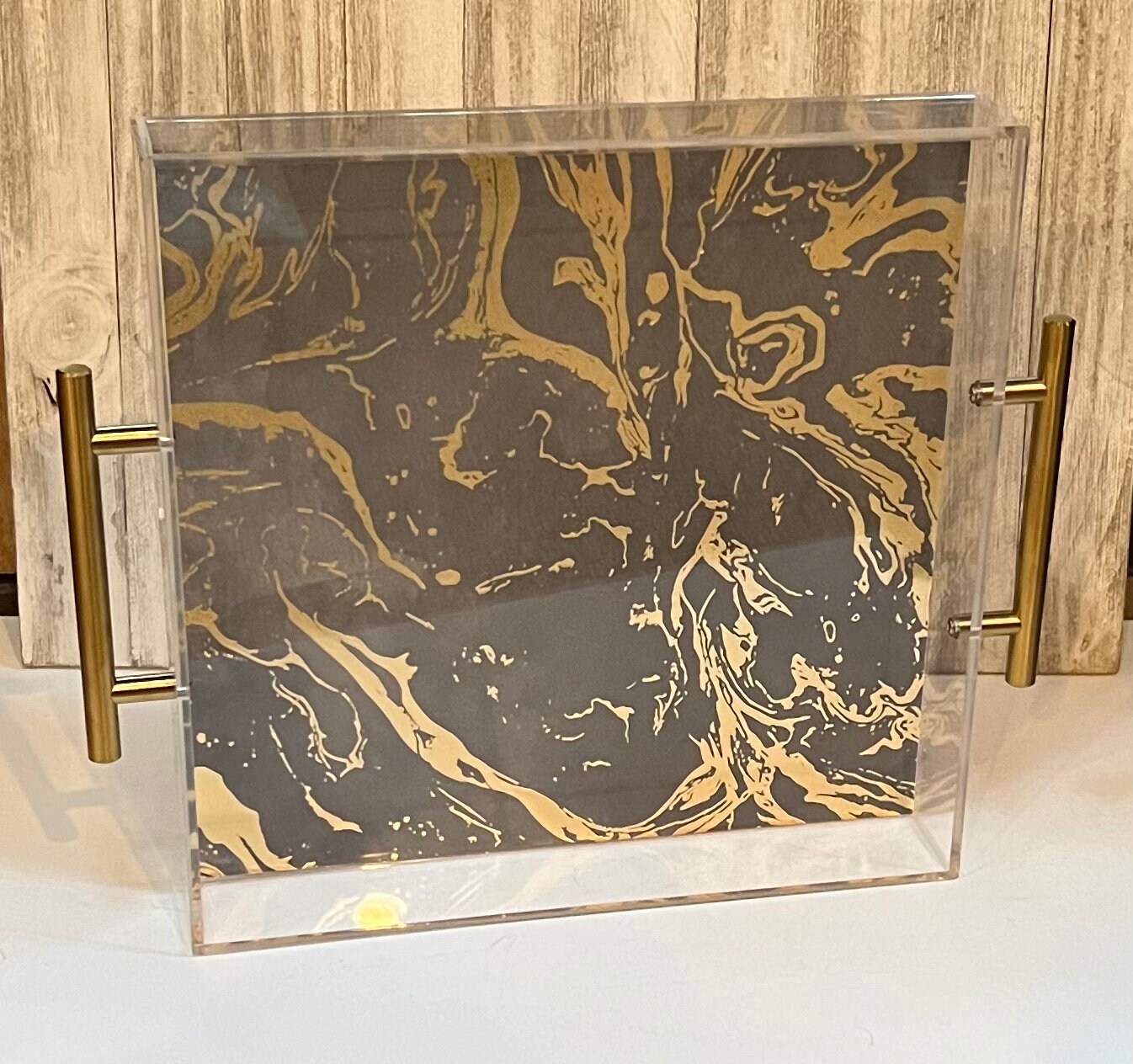 Grey Gold Marbled Acrylic Tray With Handles, 12x12 Decorative Acrylic ...