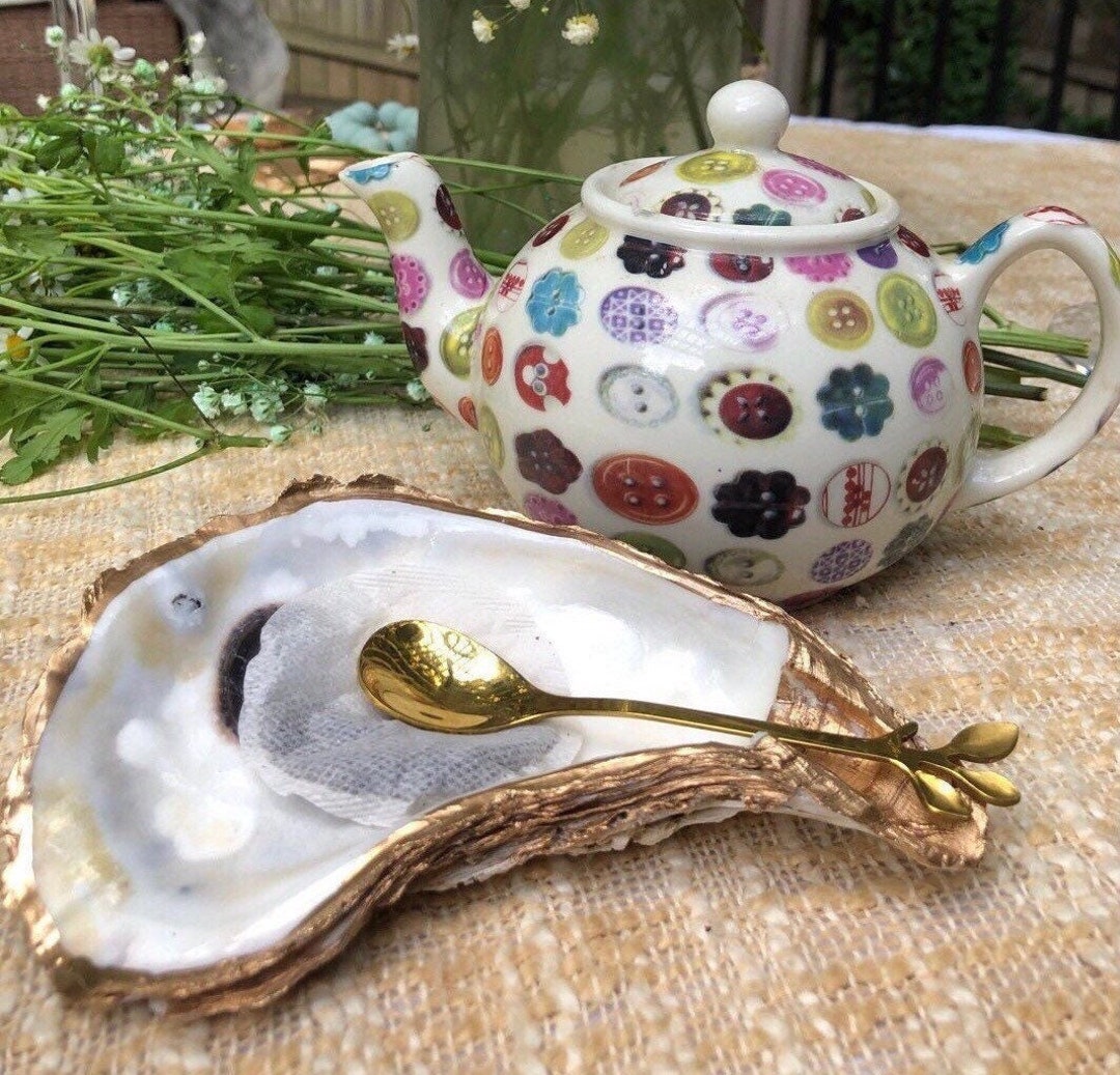 Oyster Shell Spoon Rest, Unique Tea Bag Holder, Gold or Silver Trim ...