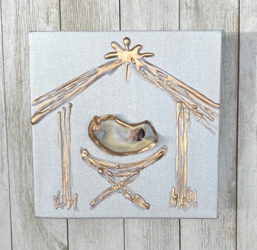 Nativity Wall Art With Shell, Gold Nativity Artwork on Canvas, Silver ...