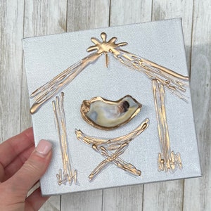 Nativity Wall Art With Shell, Gold Nativity Artwork on Canvas, Silver ...