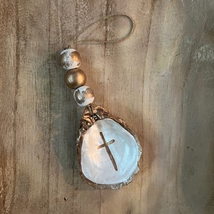 Gold Cross Ornament, Oyster Shell Ornament With Gold Cross, Hand ...