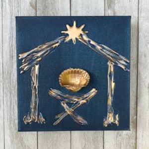 Nativity Wall Art With Shell, Gold Nativity Artwork on Canvas, Silver ...