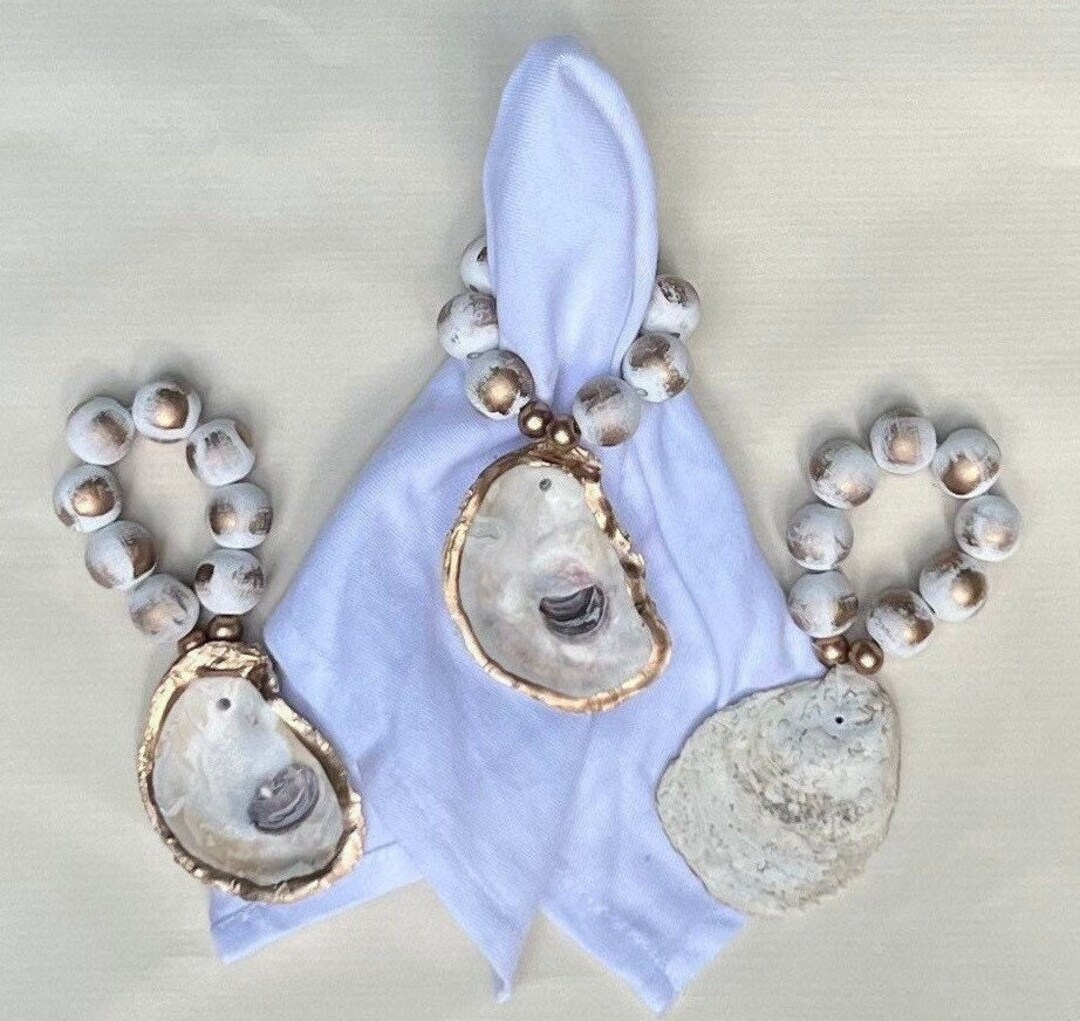 Oyster Shell Napkin Rings With White Beads, Shell Napkin Holders ...