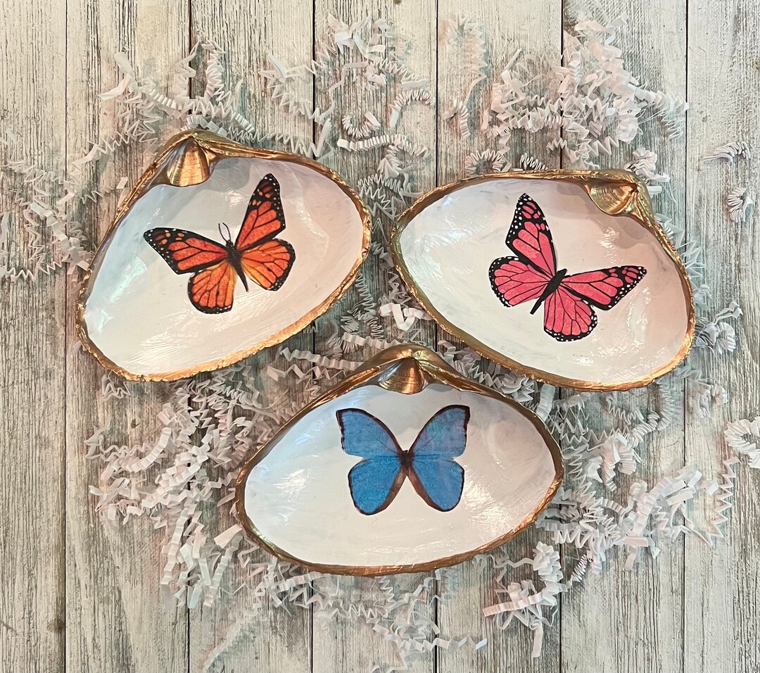 Butterfly Clam Shell Ring Dish: Gold Trim Seashell Jewelry Holder - Etsy