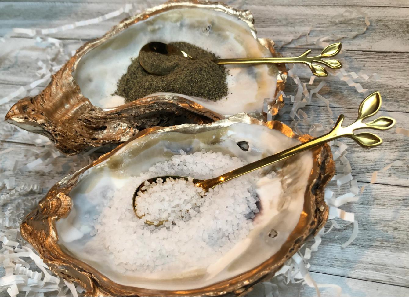 Oyster Shell Salt & Pepper Dishes With Mini Glass Jars, Salt and Pepper ...