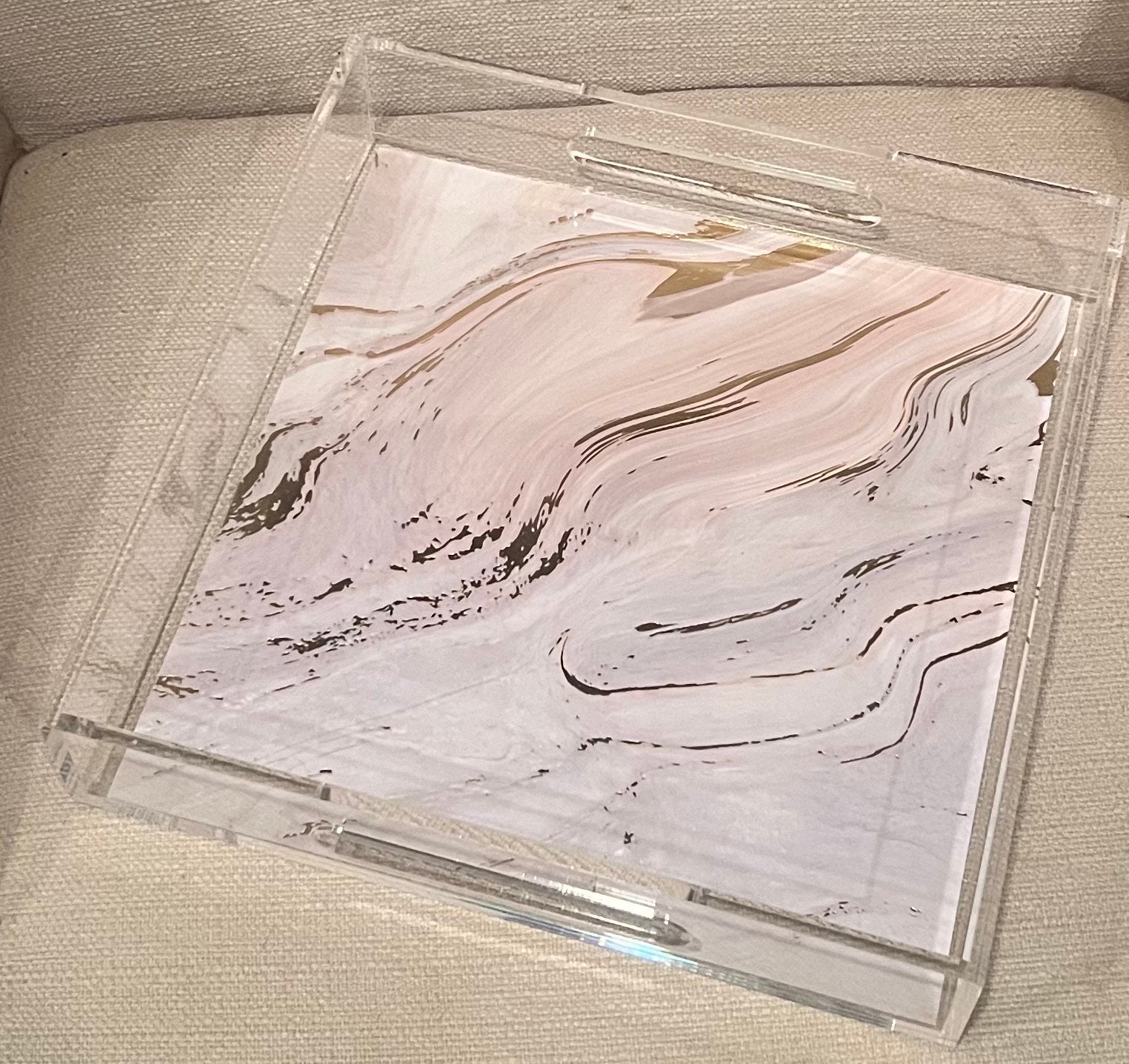 Grey Gold Marbled Acrylic Tray With Handles, 12x12 Decorative Acrylic ...