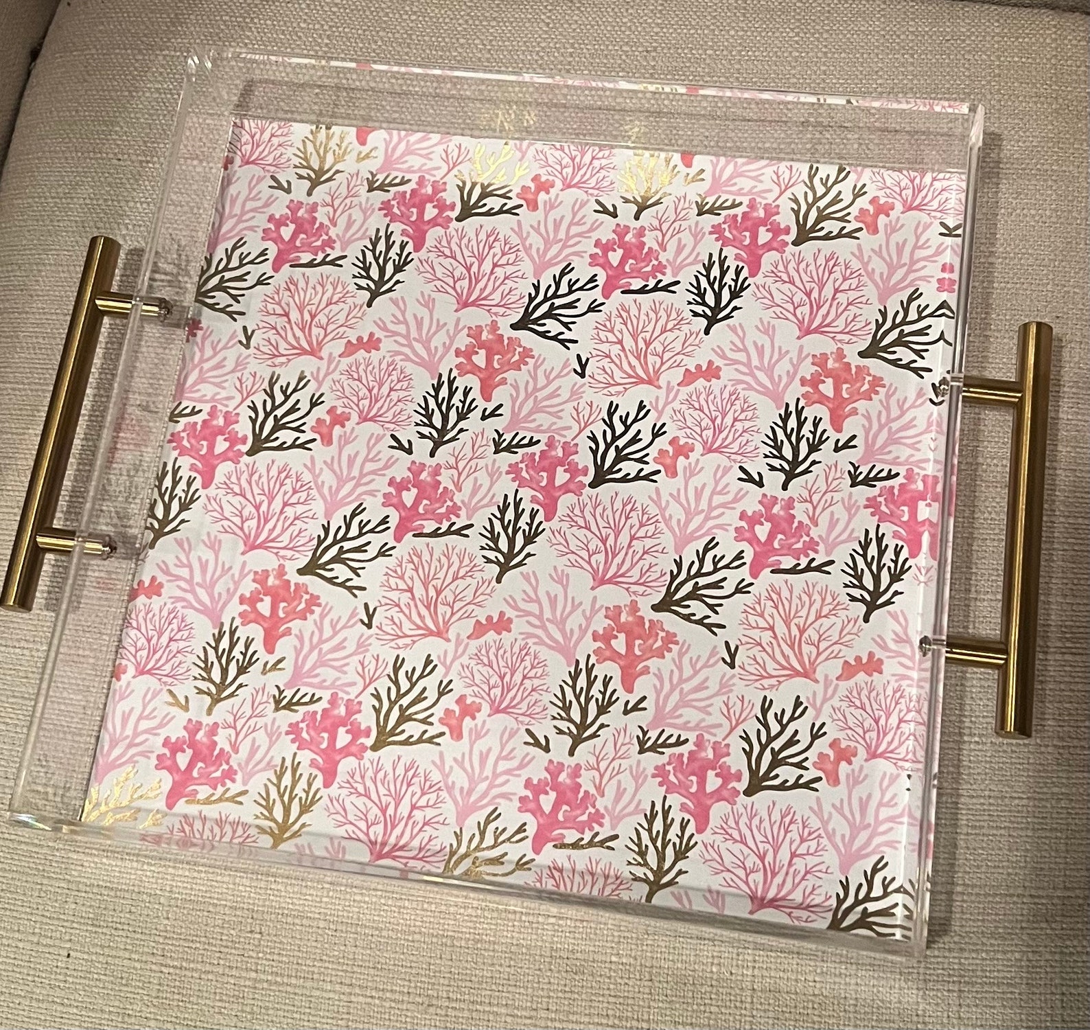 Grey Gold Marbled Acrylic Tray With Handles, 12x12 Decorative Acrylic ...