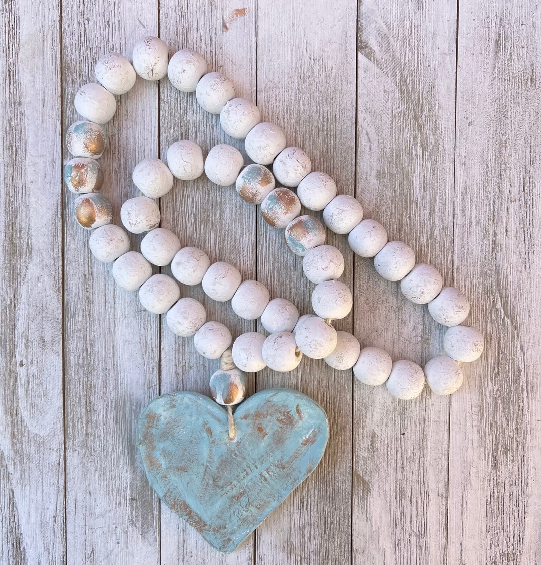 White Blessing Beads With Distressed Blue and Gold Heart, Wood Bead ...