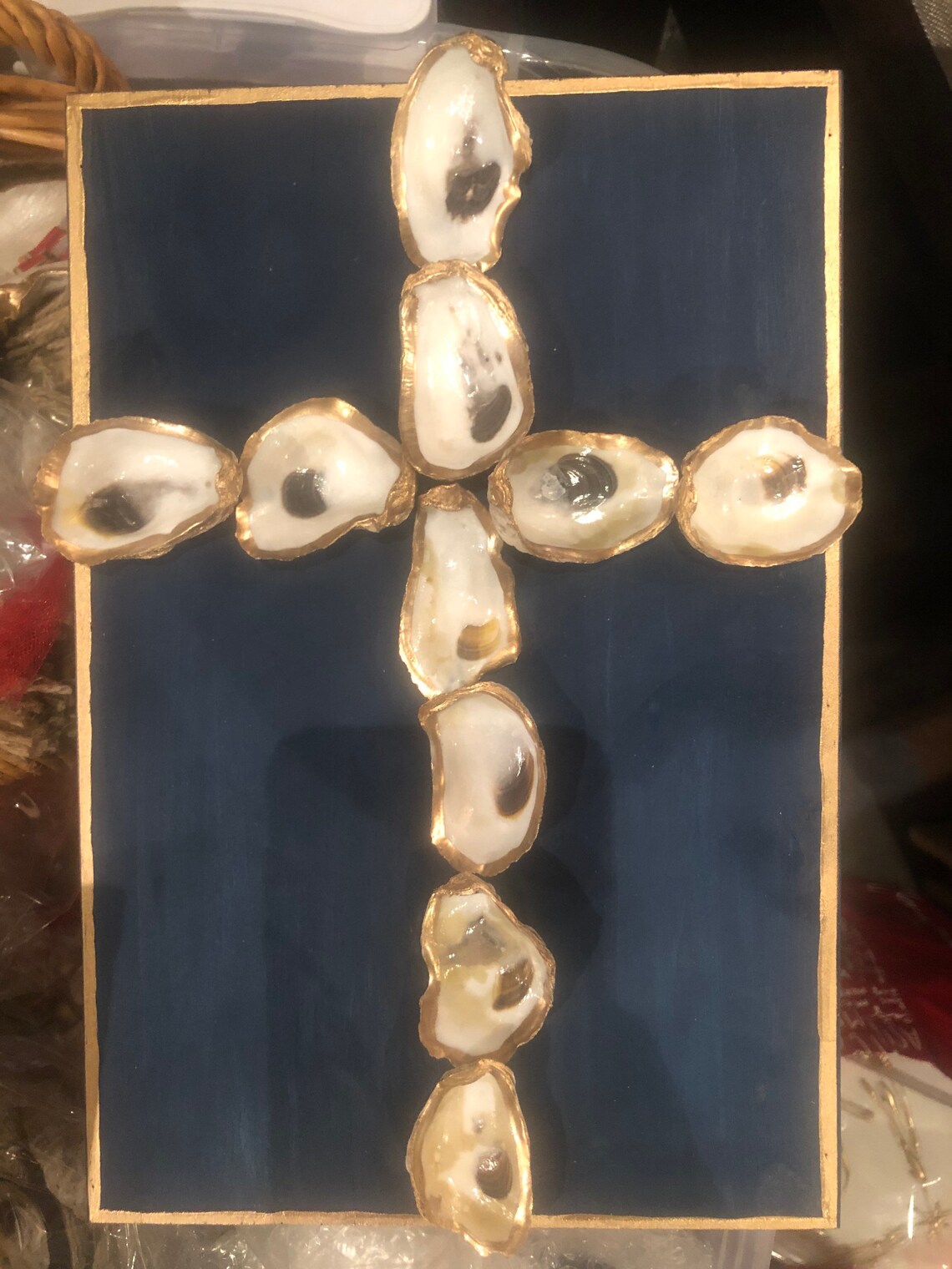 Oyster Shell Cross on Navy Wood Block Oyster Shell Cross Art - Etsy