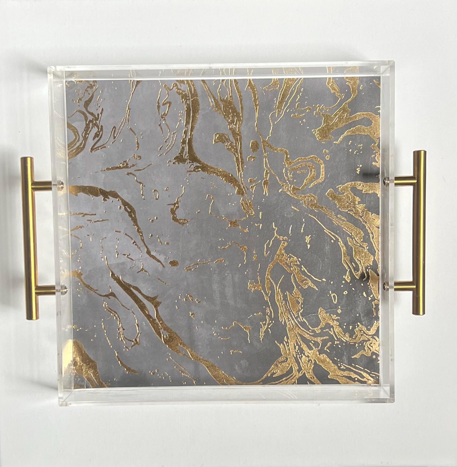 Grey Gold Marbled Acrylic Tray With Handles, 12x12 Decorative Acrylic ...