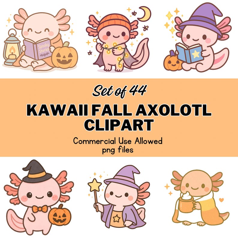 Kawaii Halloween Axolotl Clipart | Autumn Animal PNG Stickers (digital ...
