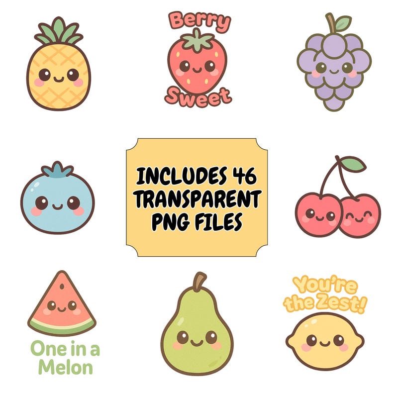 Kawaii Fruits Clipart | Cute Fruit PNG Bundle | 46 Transparent ...