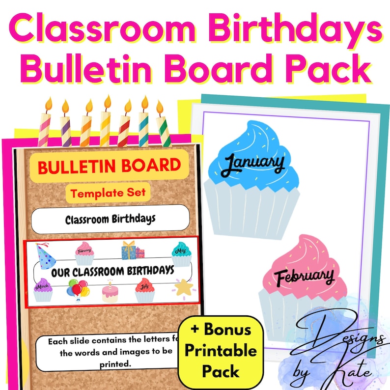 Classroom Birthdays Bulletin Board- Images & Letters + BONUS Printables ...