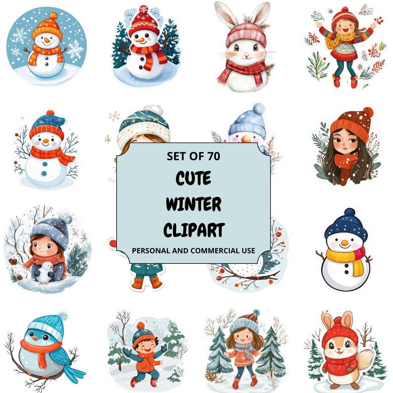 Cute Winter Clipart 70 Designs Snowmen, Animals, Kids Commercial Use ...