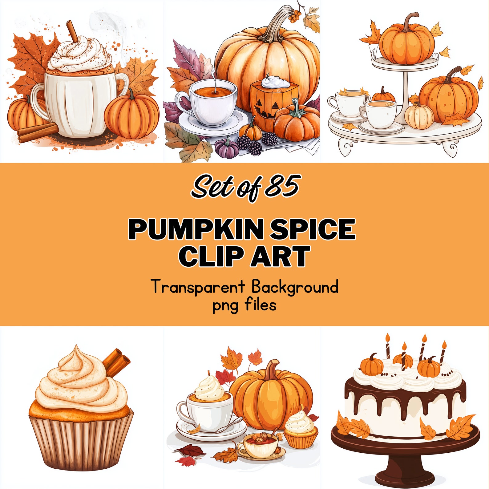 Pumpkin Spice Clip Art- Cake, Cupcakes, Coffee, Tea Sets, Pumpkins ...