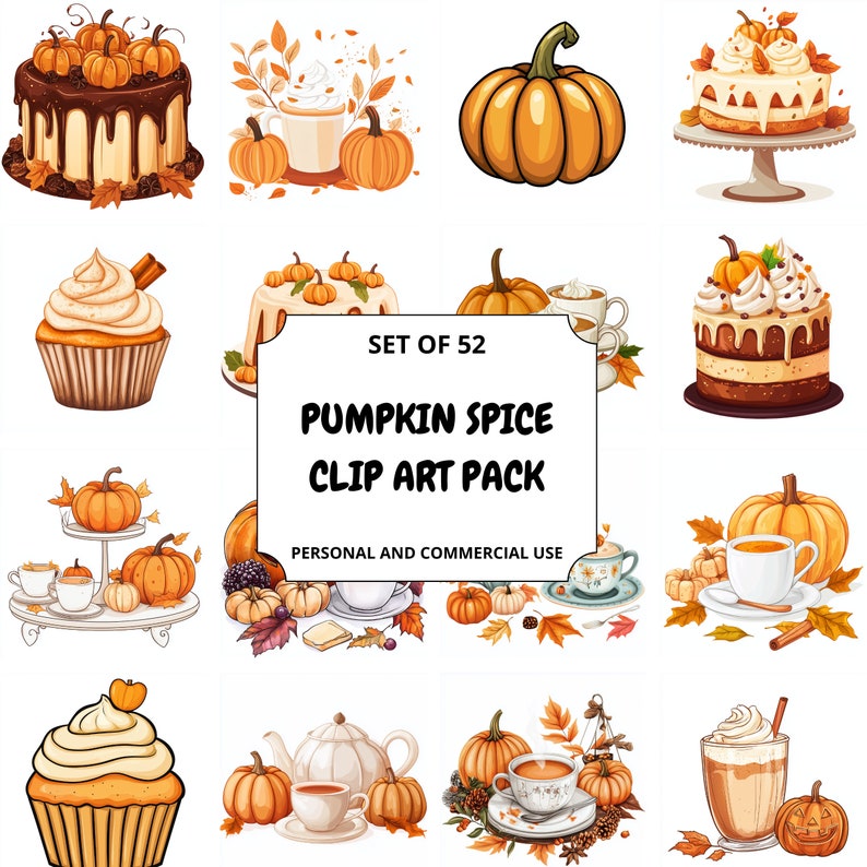 Pumpkin Spice Clip Art- Cake, Cupcakes, Coffee, Tea Sets, Pumpkins ...