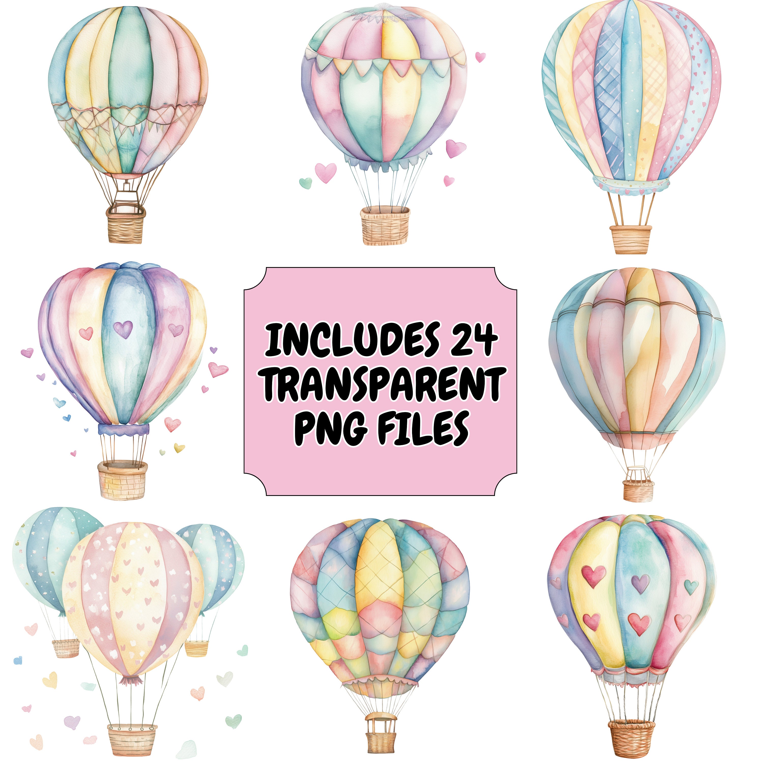Watercolor Pastel Hot Air Balloon Clip Art: 24 PNG Files - Etsy