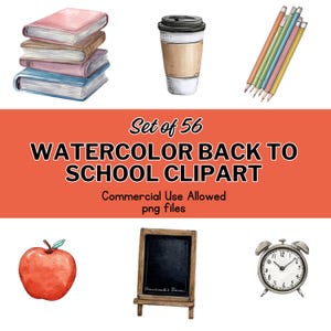 Watercolor Back to School Clipart: 56 PNG Graphics, Teacher Resources ...