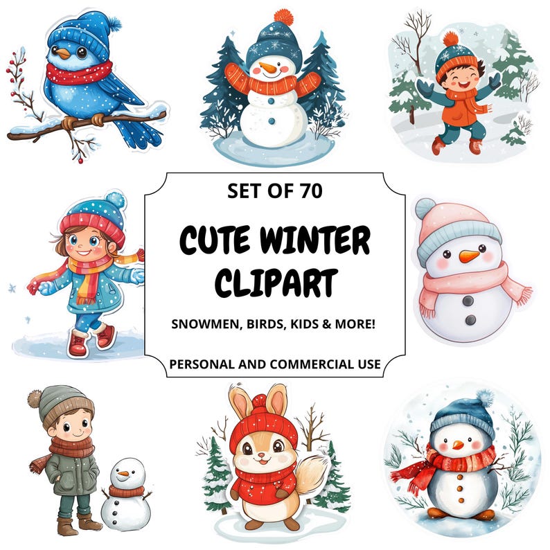 Cute Winter Clipart | 70 Designs | Snowmen, Animals, Kids | Commercial ...