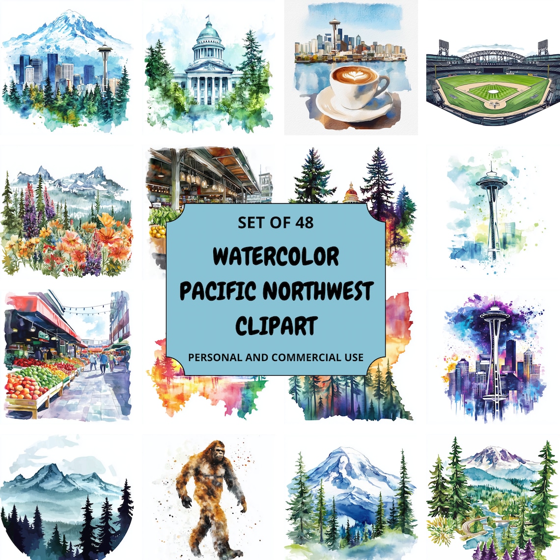 Watercolor Pacific Northwest Clip Art: 48 PNG Files (commercial Use) - Etsy