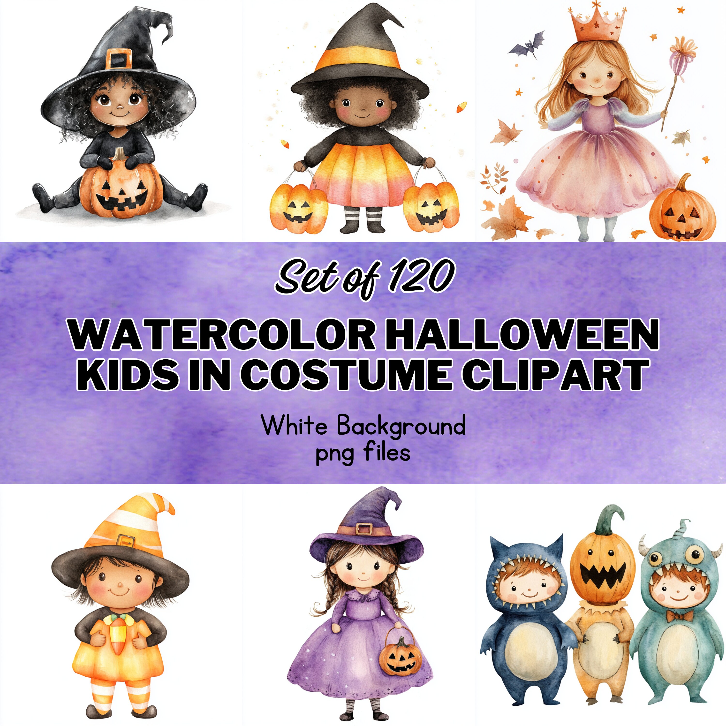 Watercolor Halloween Kids Clipart: Costumes, Haunted Houses, Cats (120 ...