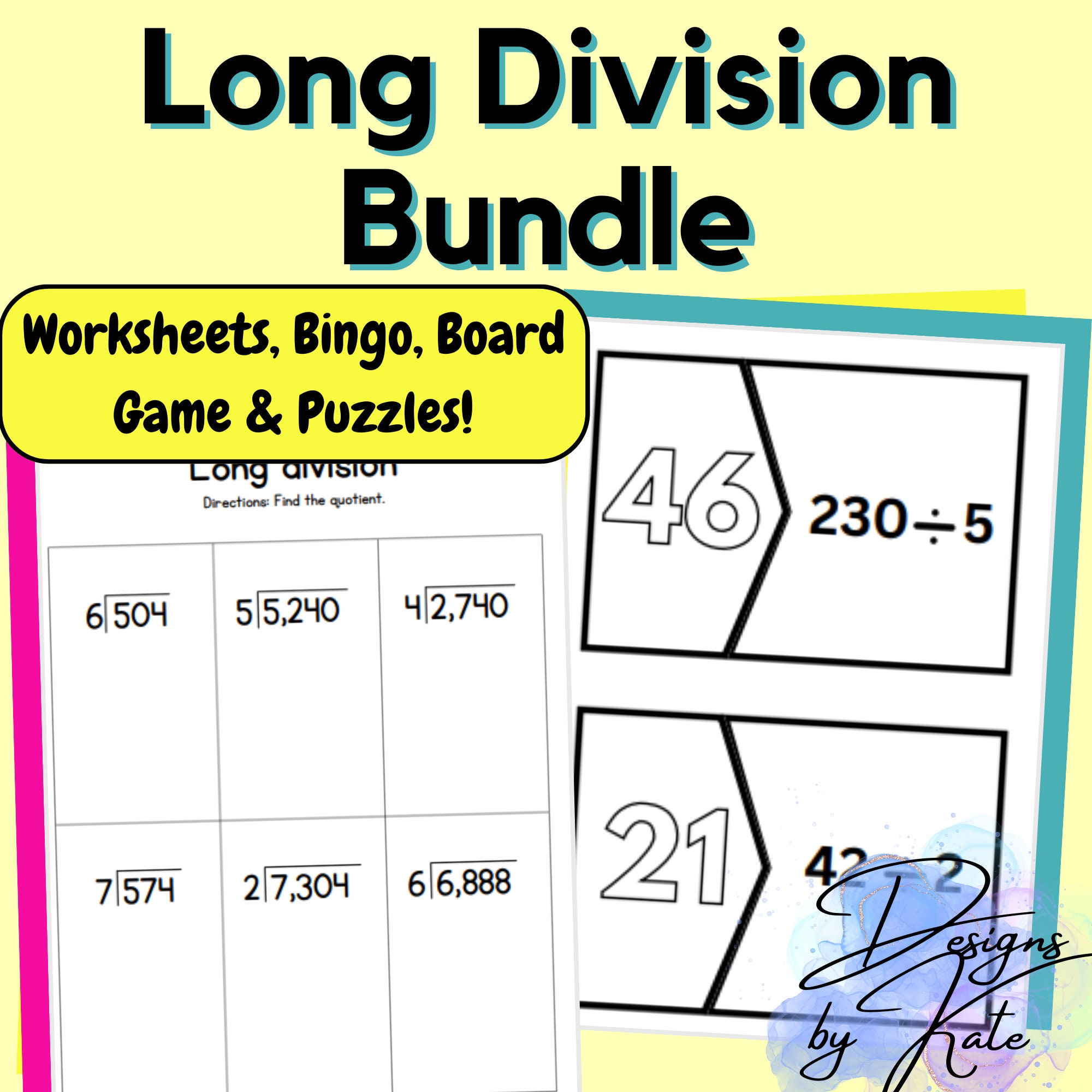 Long Division Printable Pack: Worksheets, Puzzles, Bingo (digital ...