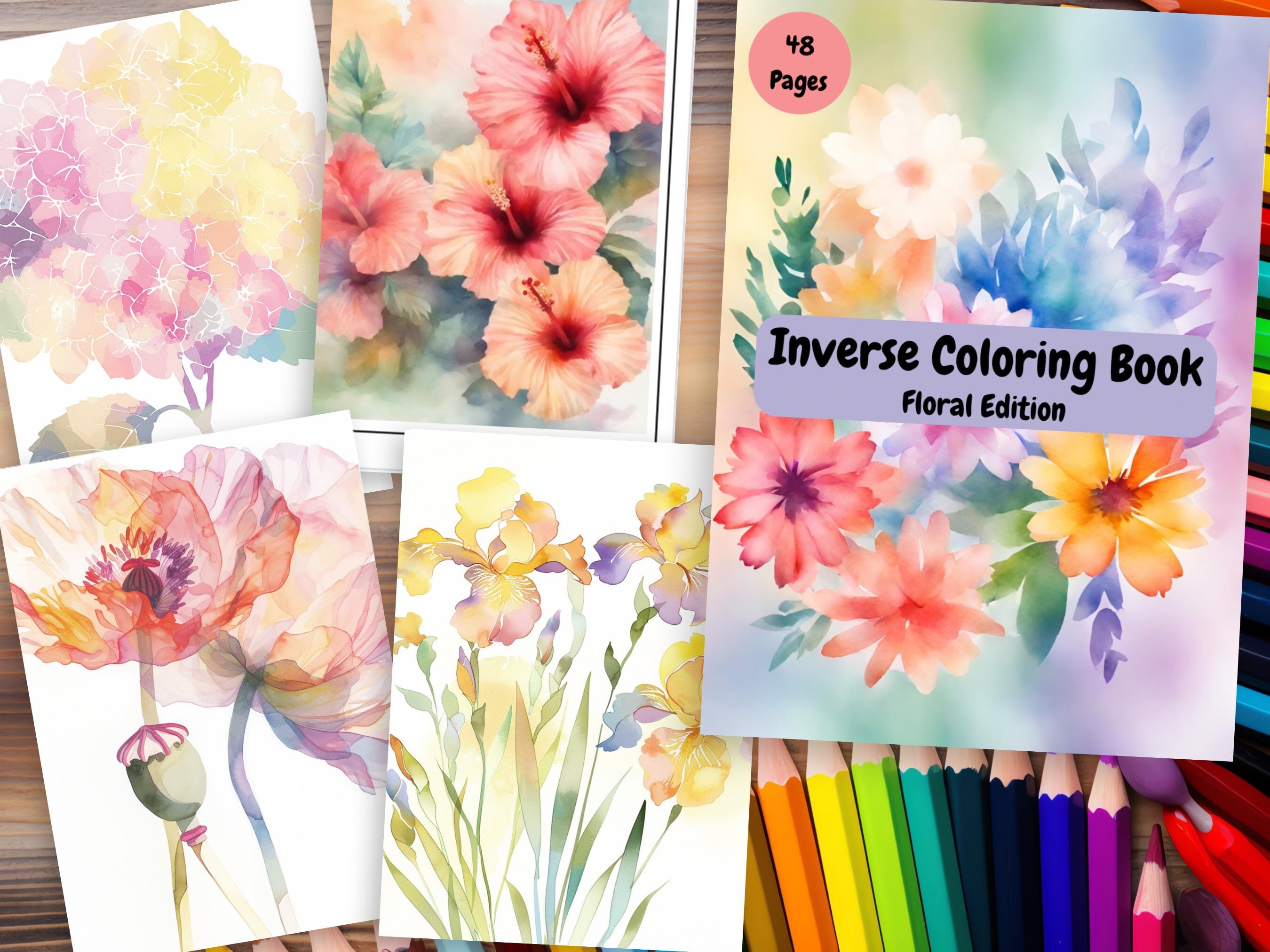 Inverse Coloring Book - Floral Designs - Various Flowers - Watercolor ...