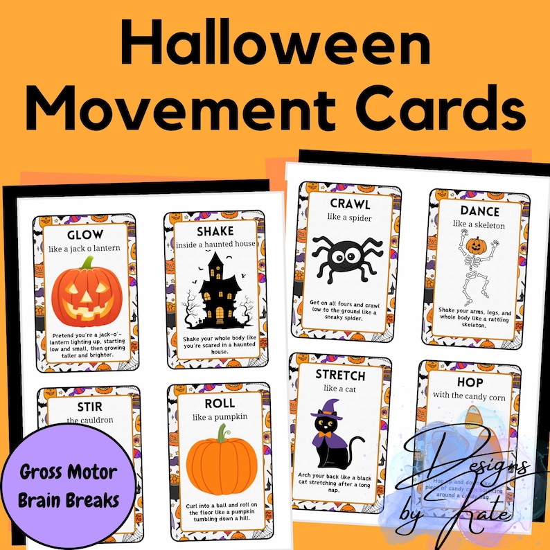Halloween Themed Gross Motor Movement Cards | Brain Breaks | Transition ...