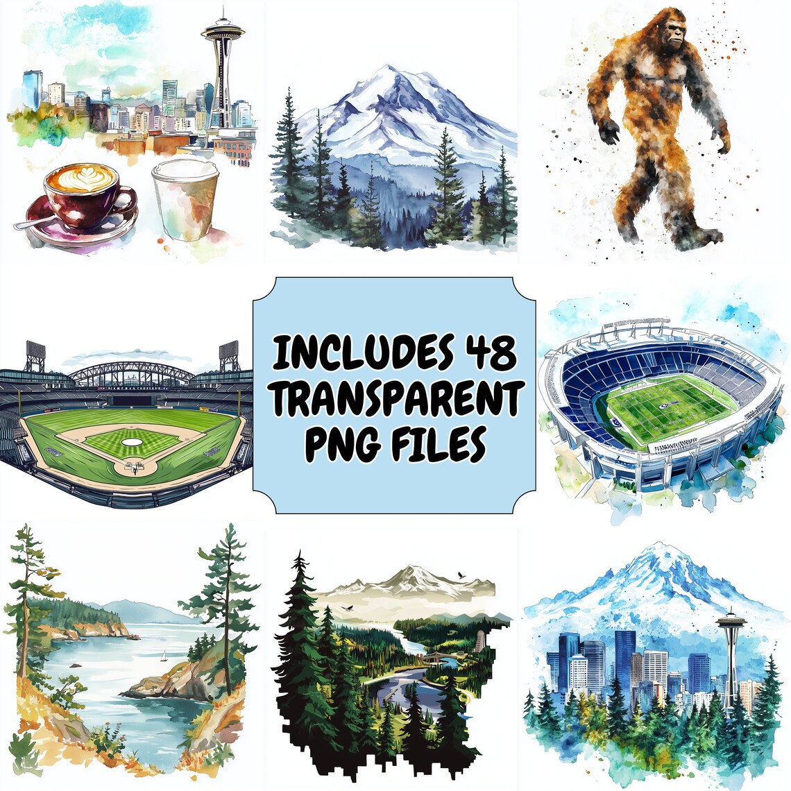 Watercolor Pacific Northwest Clip Art: 48 PNG Files (commercial Use) - Etsy