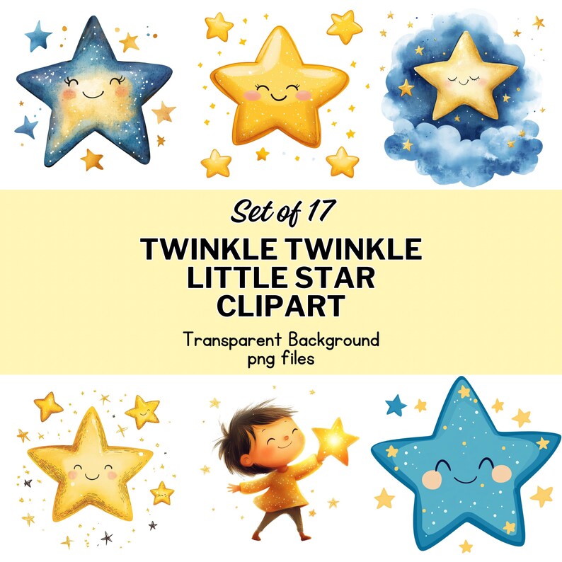 Twinkle Star Watercolor Clipart: Nursery Art, DIY Cards (PNG Files) - Etsy