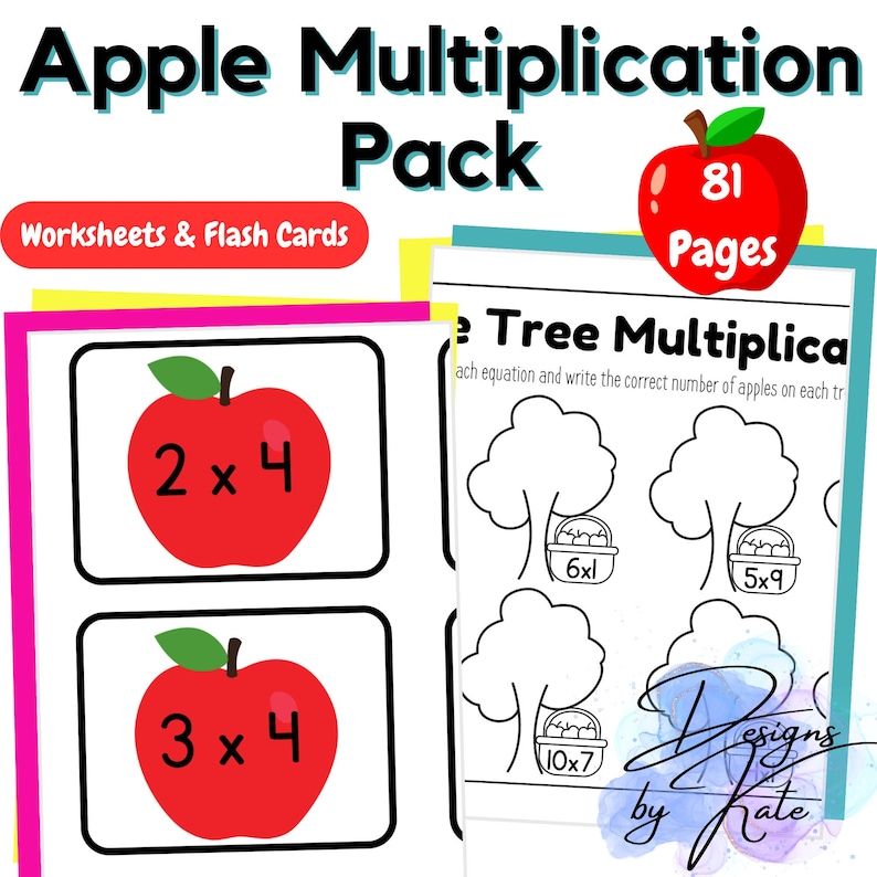 Apple Multiplication Pack - 81 Pages - Worksheets & Flash Cards - Facts ...