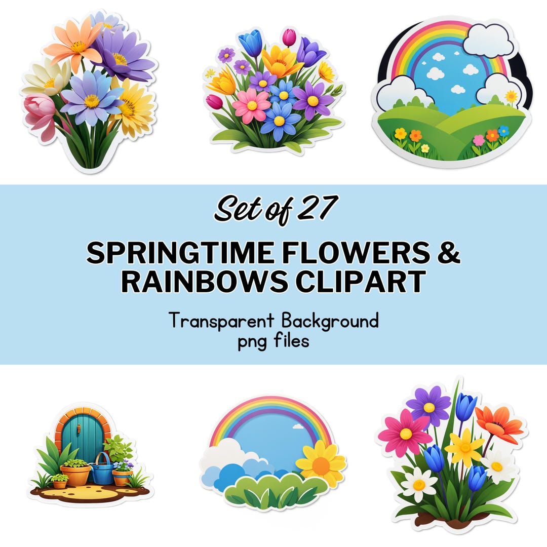 Spring Flowers & Rainbow Clipart: 27 PNG Illustrations (commercial Use ...